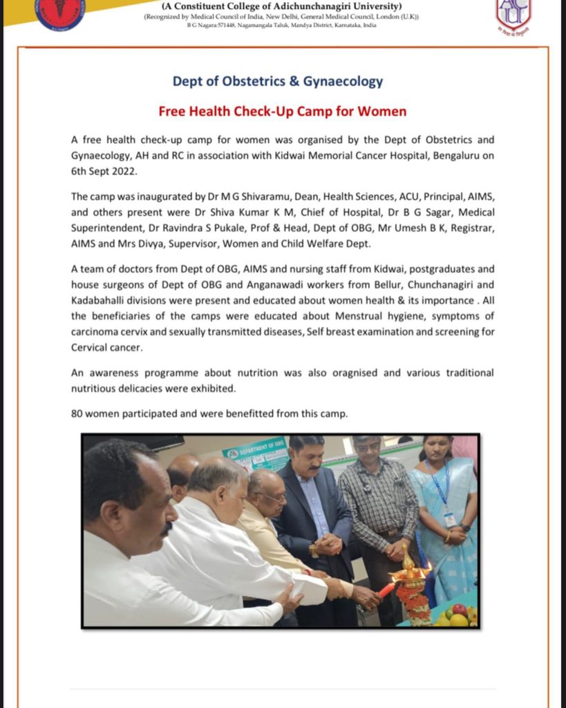 Report of "Free health checkup camp", organized by dept of OBG ...